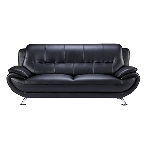 Benjara Leatherette Upholstered Wooden Sofa with Bustle Back and Stainless Steel Legs, Black