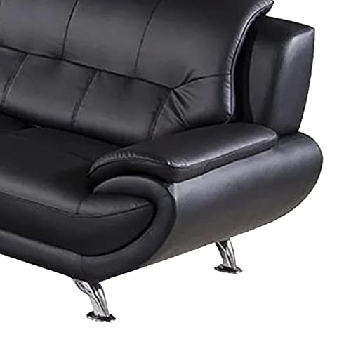 Benjara Leatherette Upholstered Wooden Sofa with Bustle Back and Stainless Steel Legs, Black