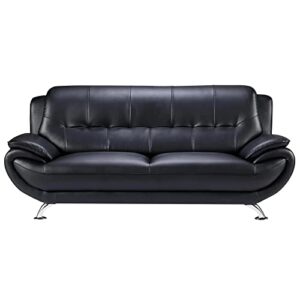 Benjara Leatherette Upholstered Wooden Sofa with Bustle Back and Stainless Steel Legs, Black