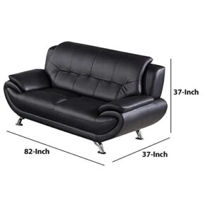 Benjara Leatherette Upholstered Wooden Sofa with Bustle Back and Stainless Steel Legs, Black