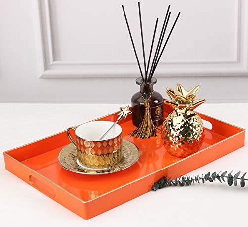 Zosenley Decorative Tray, Rectangular Plastic Tray with Handles, Modern Vanity Tray and Serving Tray for Bathroom, Kitchen, Ottoman and Coffee Table, 15.6” x 10.2”, Orange