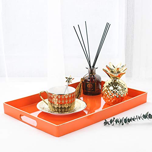 Zosenley Decorative Tray, Rectangular Plastic Tray with Handles, Modern Vanity Tray and Serving Tray for Bathroom, Kitchen, Ottoman and Coffee Table, 15.6” x 10.2”, Orange