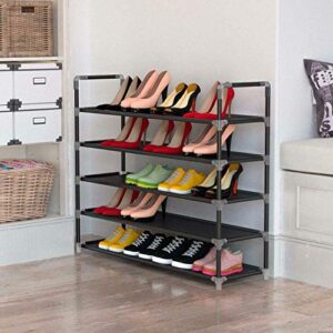 Herron Shoe Rack 5 Tier, Durable and Stable Shoe Organizer 25 Pairs Space Saving Shoe Tower Non-Woven Fabric Shoe Shelf (Black)