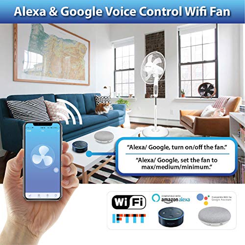 Technical Pro FXA16W WIFI Enabled 16 Inch Standing Pedastal Fan With Oscillating Feature And Compatible With Amazon Alexa/Google Home Voice Control Smart Home 2.4G ONLY (White)