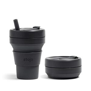 stojo collapsible travel cup with straw - carbon, 16oz / 470ml - reusable to-go pocket size silicone bottle for hot and cold drinks - perfect for camping and hiking - microwave & dishwasher safe