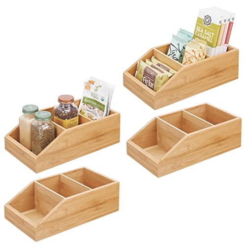 mDesign Bamboo Wood Food Storage Bin with Divided 3 Compartments and Sloped Front for Kitchen Cabinet, Pantry, Shelf to Organize Seasoning Packets, Powder Mixes, Spices, Snacks - 4 Pack - Natural