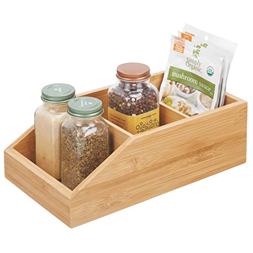 mDesign Bamboo Wood Food Storage Bin with Divided 3 Compartments and Sloped Front for Kitchen Cabinet, Pantry, Shelf to Organize Seasoning Packets, Powder Mixes, Spices, Snacks - 4 Pack - Natural