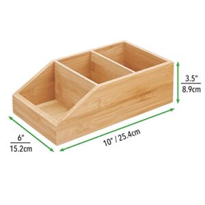 mDesign Bamboo Wood Food Storage Bin with Divided 3 Compartments and Sloped Front for Kitchen Cabinet, Pantry, Shelf to Organize Seasoning Packets, Powder Mixes, Spices, Snacks - 4 Pack - Natural