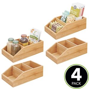 mDesign Bamboo Wood Food Storage Bin with Divided 3 Compartments and Sloped Front for Kitchen Cabinet, Pantry, Shelf to Organize Seasoning Packets, Powder Mixes, Spices, Snacks - 4 Pack - Natural