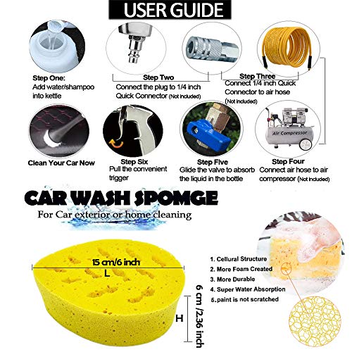 Practisol Car Cleaning Gun High Pressure Car Interior Cleaning Tool Auto Detailing Kit Supplies with 1L Foam Bottle & Cleaning Brush Air Blow Gun Essential Car Detailing Tools (US 1/4'' Male Plug)