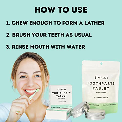 Chewable Toothpaste Tablets with Fluoride, 60 Pack - Travel Sized Oral Care, Eco Friendly Vegan Dental Tabs for Brushing - All Natural, SLS Free Ingredients for Adults - Peppermint Flavored