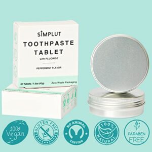 Chewable Toothpaste Tablets with Fluoride, 60 Pack - Travel Sized Oral Care, Eco Friendly Vegan Dental Tabs for Brushing - All Natural, SLS Free Ingredients for Adults - Peppermint Flavored