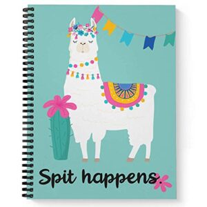 softcover spit happens 8.5" x 11" funny llama spiral notebook/journal, 120 wide ruled pages, durable gloss laminated cover, black wire-o spiral. made in the usa