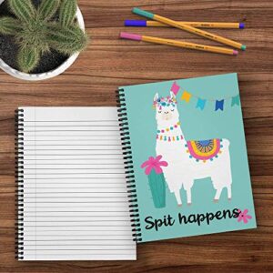 Softcover Spit Happens 8.5" x 11" Funny Llama Spiral Notebook/Journal, 120 Wide Ruled Pages, Durable Gloss Laminated Cover, Black Wire-o Spiral. Made in the USA