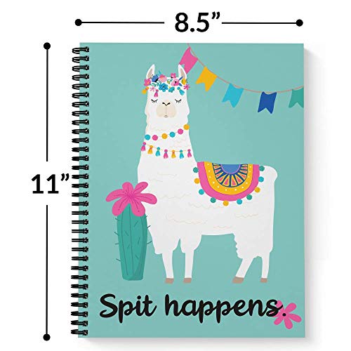 Softcover Spit Happens 8.5" x 11" Funny Llama Spiral Notebook/Journal, 120 Wide Ruled Pages, Durable Gloss Laminated Cover, Black Wire-o Spiral. Made in the USA