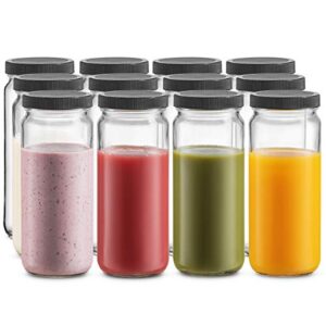 travel glass drinking bottle mason jar 16 ounce [12-pack] plastic airtight lids, reusable glass water bottle for juicing, smoothies, kombucha, tea, milk bottles, homemade beverages bottle,