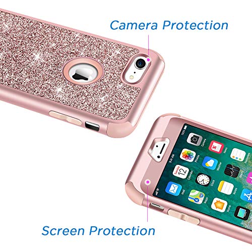 Hython Designed for iPhone 8, iPhone 7 Case, Heavy Duty Full-Body Defender Protective Case Bling Glitter Sparkle Hard Shell Hybrid Shockproof Rubber Bumper Cover for iPhone 7 and iPhone 8, Rose Gold