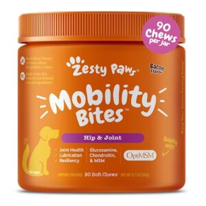 zesty paws mobility bites dog joint supplement - hip and joint chews for dogs - pet products with glucosamine, chondroitin, & msm + vitamins c and e for dog joint relief - bacon – 90 count