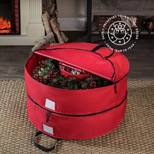 ZOBER Christmas Wreath Storage Container - 30 Inch Wreath Box, Garland Storage - 2 Zippers, Durable Handles - Holiday and Seasonal Wreath Storage Boxes - 2 Pack (Red)