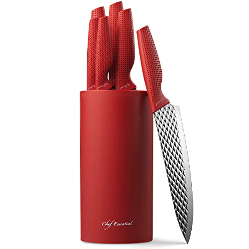 Luxury Kitchen Knife Block Set - with 6 Stainless Steel Knives, Chef Quality Utensils with Santoku, Paring, Carving, Utility, and Bread Knife Cutlery, Precision Sharp Blades, All-Purpose Use Red Set