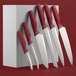 Luxury Kitchen Knife Block Set - with 6 Stainless Steel Knives, Chef Quality Utensils with Santoku, Paring, Carving, Utility, and Bread Knife Cutlery, Precision Sharp Blades, All-Purpose Use Red Set