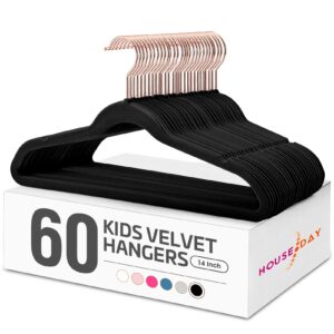 house day velvet kids hangers 60 pack, premium childrens hangers for closet, ultra thin cute hangers kids clothes hanger, non slip kids felt hangers 14 inch, small hangers for kids clothes, black