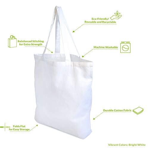 White Tote Bags - 4 Pack Canvas Bags with Handles, Shopping Bags Made with Reusable Organic Cotton Fabric Cloth for Grocery, Market, Beach, Pool, Gifts, DIY, Washable & Eco Friendly - 15.7x3.3x15.7