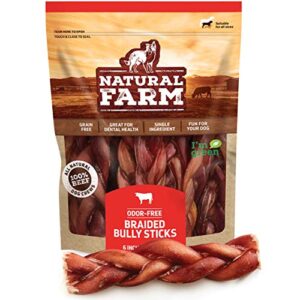 natural farm odor-free braided bully sticks (6 inch, 5 pack) - 100% grass-fed beef, grain-free, low fat & fully digestible best dental treats - safest long lasting pizzle chews to keep your dog busy