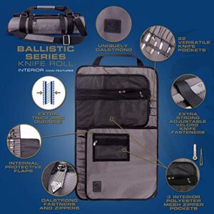 Dalstrong Ballistic Series Knife Roll - Graphite Black - Premium Ballistic Nylon & Top Grain Leather Roll Bag - 22 Knife Slots - Interior and Rear Zippered Pockets - Blade Travel Storage/Case