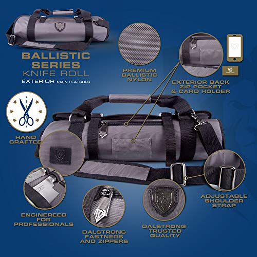 Dalstrong Ballistic Series Knife Roll - Graphite Black - Premium Ballistic Nylon & Top Grain Leather Roll Bag - 22 Knife Slots - Interior and Rear Zippered Pockets - Blade Travel Storage/Case