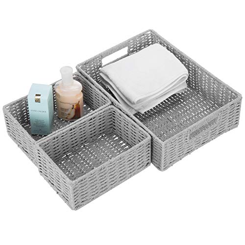 MyGift Rustic Gray Woven Storage Baskets for Bathroom Bedroom, Decorative Small Nesting Basket for Organizing Shelf Container Bins, 3 Pack