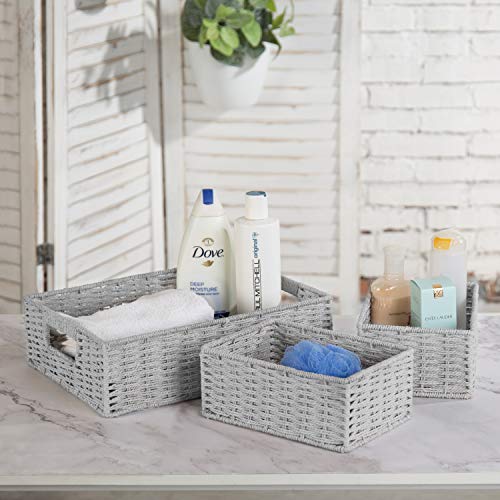 MyGift Rustic Gray Woven Storage Baskets for Bathroom Bedroom, Decorative Small Nesting Basket for Organizing Shelf Container Bins, 3 Pack