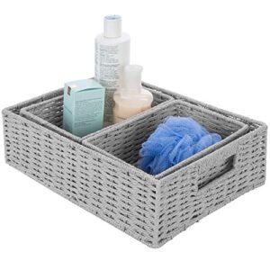 MyGift Rustic Gray Woven Storage Baskets for Bathroom Bedroom, Decorative Small Nesting Basket for Organizing Shelf Container Bins, 3 Pack