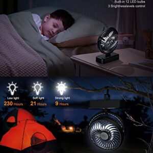 REENUO Portable Camping Fan, Small Tent Fan with Hanging Hook, 40 Working Hours Rechargeable USB Battery Fan with LED Lights for Desk, Bedroom, Travel & Emergency Kit