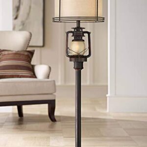 Barnes and Ivy Henson Rustic Industrial Farmhouse Standing Floor Lamp with Night Light Glass 63" Tall Bronze Earthy Fabric Drum Shade Decor for Living Room Reading House Bedroom Home