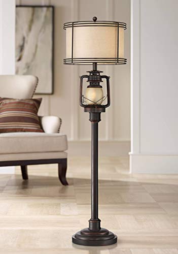 Barnes and Ivy Henson Rustic Industrial Farmhouse Standing Floor Lamp with Night Light Glass 63" Tall Bronze Earthy Fabric Drum Shade Decor for Living Room Reading House Bedroom Home