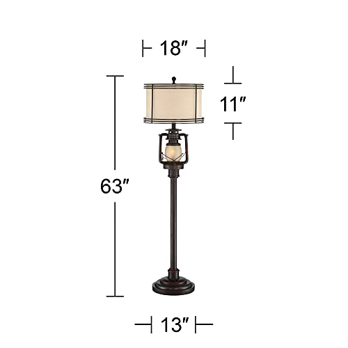 Barnes and Ivy Henson Rustic Industrial Farmhouse Standing Floor Lamp with Night Light Glass 63" Tall Bronze Earthy Fabric Drum Shade Decor for Living Room Reading House Bedroom Home