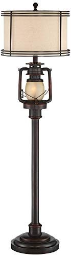 Barnes and Ivy Henson Rustic Industrial Farmhouse Standing Floor Lamp with Night Light Glass 63" Tall Bronze Earthy Fabric Drum Shade Decor for Living Room Reading House Bedroom Home