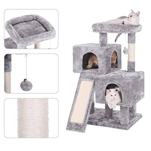 BEWISHOME Cat Tree Condo with Sisal Scratching Posts, Scratching Board, Plush Perch and Dual Houses, Cat Tower Furniture Kitty Activity Center Kitten Play House, Light Grey MMJ10G