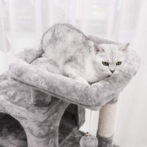 BEWISHOME Cat Tree Condo with Sisal Scratching Posts, Scratching Board, Plush Perch and Dual Houses, Cat Tower Furniture Kitty Activity Center Kitten Play House, Light Grey MMJ10G