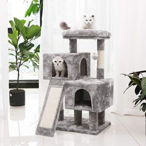 BEWISHOME Cat Tree Condo with Sisal Scratching Posts, Scratching Board, Plush Perch and Dual Houses, Cat Tower Furniture Kitty Activity Center Kitten Play House, Light Grey MMJ10G