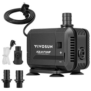 vivosun 400gph submersible pump(1500l/h, 15w), ultra quiet water pump with 5.2ft high lift, fountain pump with 5ft power cord, 3 nozzles for fish tank, pond, aquarium, statuary, hydroponics