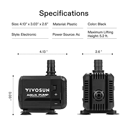 VIVOSUN 400GPH Submersible Pump(1500L/H, 15W), Ultra Quiet Water Pump with 5.2ft High Lift, Fountain Pump with 5ft Power Cord, 3 Nozzles for Fish Tank, Pond, Aquarium, Statuary, Hydroponics