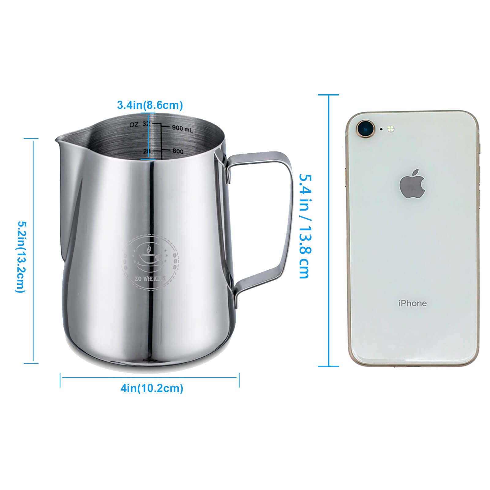 Milk Frothing Pitcher 32oz,Espresso Steaming Pitcher 32oz,Espresso Machine Accessories,Milk Frother Cup 32oz,Milk Coffee Cappuccino Latte Art,Stainless Steel Jug