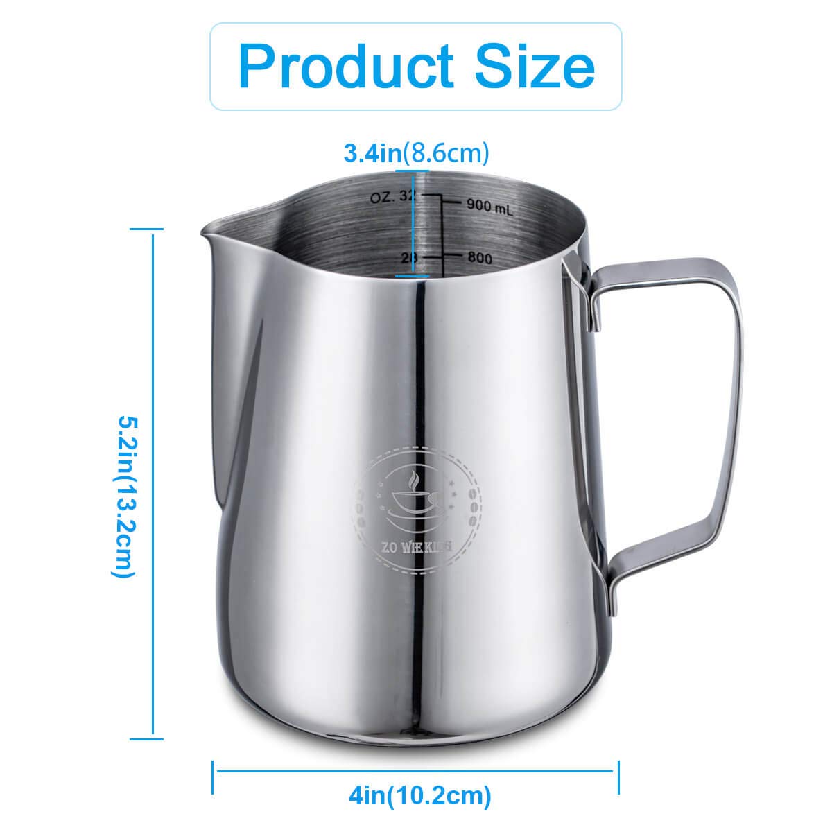 Milk Frothing Pitcher 32oz,Espresso Steaming Pitcher 32oz,Espresso Machine Accessories,Milk Frother Cup 32oz,Milk Coffee Cappuccino Latte Art,Stainless Steel Jug