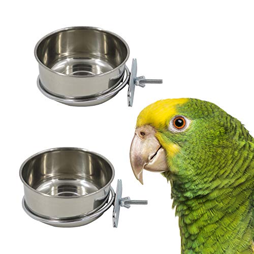 2 Pack Bird Cage Seed Feeder Pet Food Water Bowl Stainless Steel Parrot Feeding Coop Cup Dish with Clamp Holder for Medium and Large Parrots