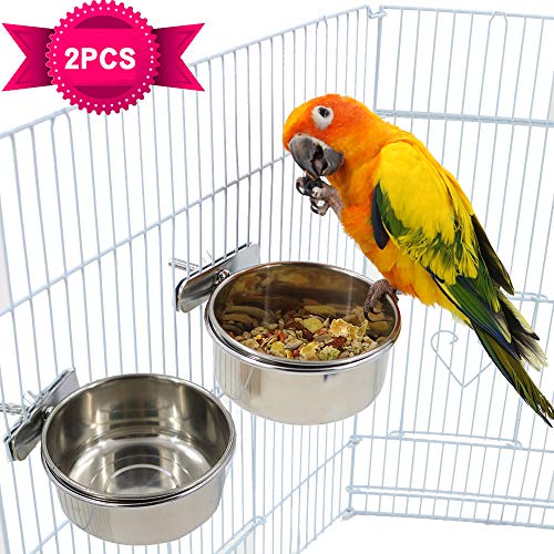 2 Pack Bird Cage Seed Feeder Pet Food Water Bowl Stainless Steel Parrot Feeding Coop Cup Dish with Clamp Holder for Medium and Large Parrots