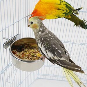 2 Pack Bird Cage Seed Feeder Pet Food Water Bowl Stainless Steel Parrot Feeding Coop Cup Dish with Clamp Holder for Medium and Large Parrots