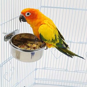 2 Pack Bird Cage Seed Feeder Pet Food Water Bowl Stainless Steel Parrot Feeding Coop Cup Dish with Clamp Holder for Medium and Large Parrots