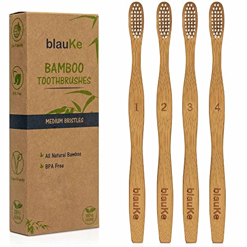 Bamboo Toothbrushes Medium Bristles 4-Pack – Biodegradable, Sustainable, Compostable, Natural, Eco Friendly Wood Toothbrush Set – BlauKe®